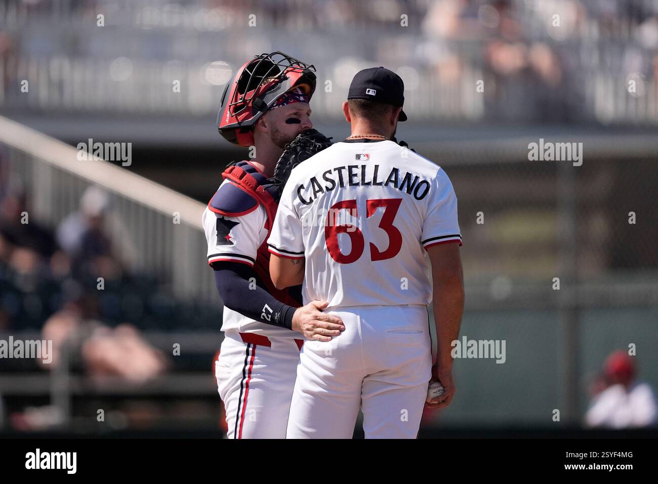 Minnesota Twins catcher Ryan Jeffers talks to pitcher Eiberson ...