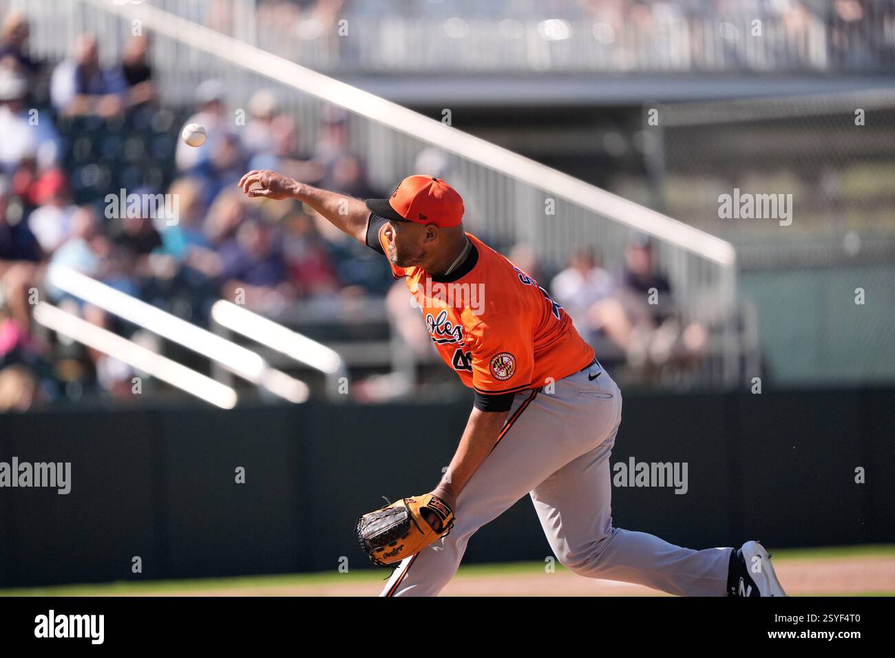 Baltimore Orioles Albert Suarez delivers in the fifth inning of a ...