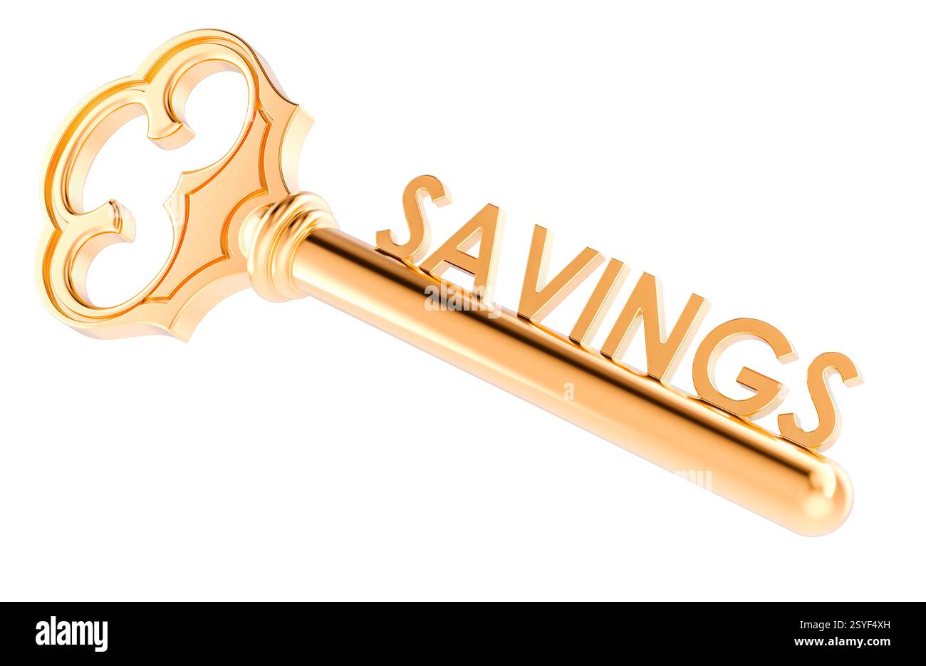 Key to Savings, concept with golden key. 3D rendering isolated on white ...