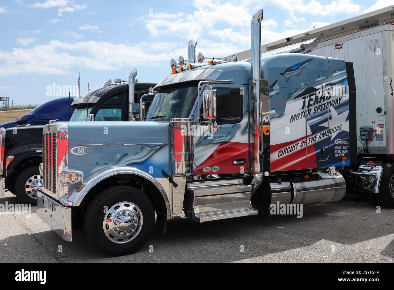 AUSTIN, TX - FEBRUARY 28: A big rig with the Texas Motor Speedway logo ...