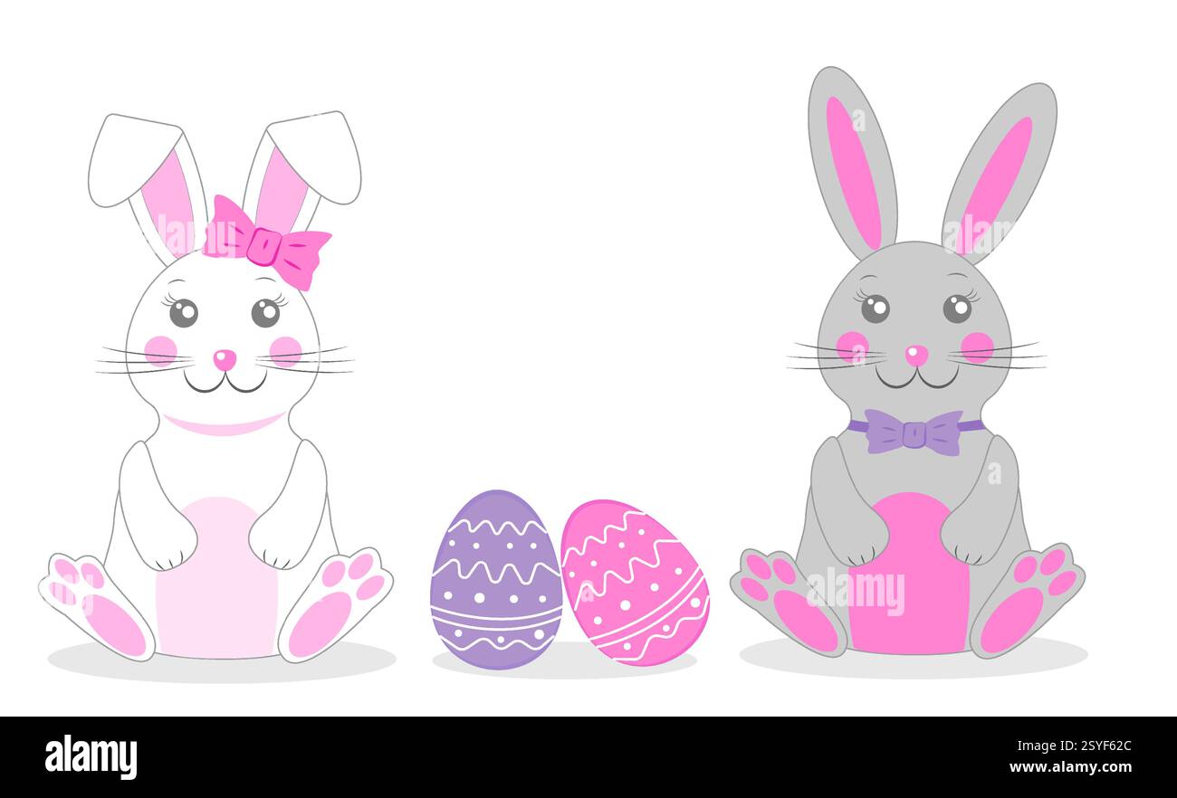 Cute cartoon bunnies with colorful Easter eggs for festive spring ...