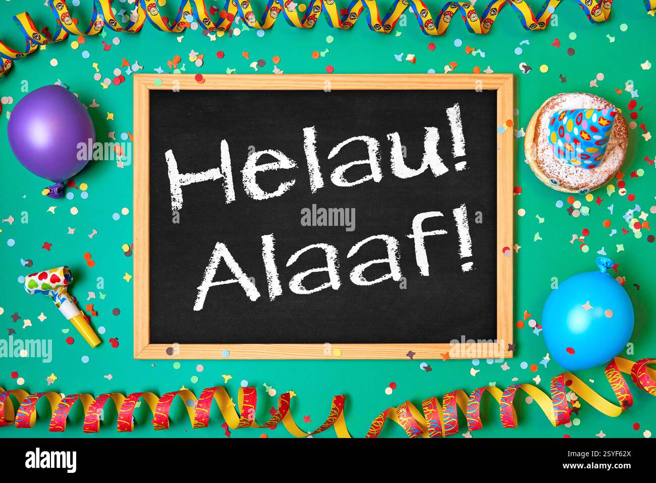 Germany - February 28, 2025: PHOTOMONTAGE, Helau and Alaaf fool s call at carnival time on a ...