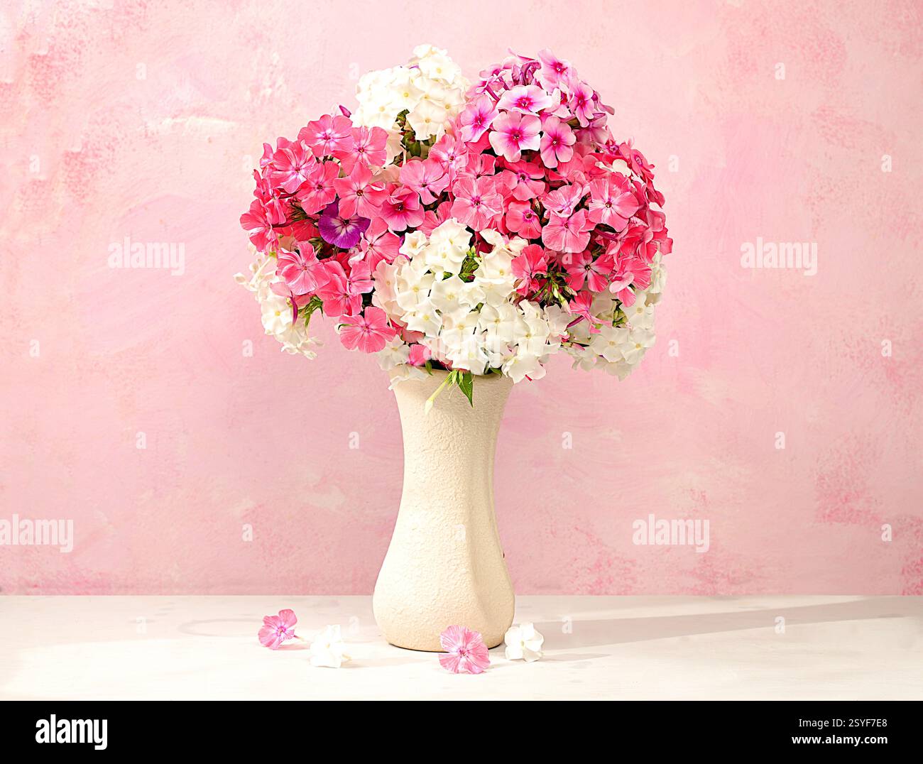 Beautiful still life with bouquet of phlox on light table, autumn ...