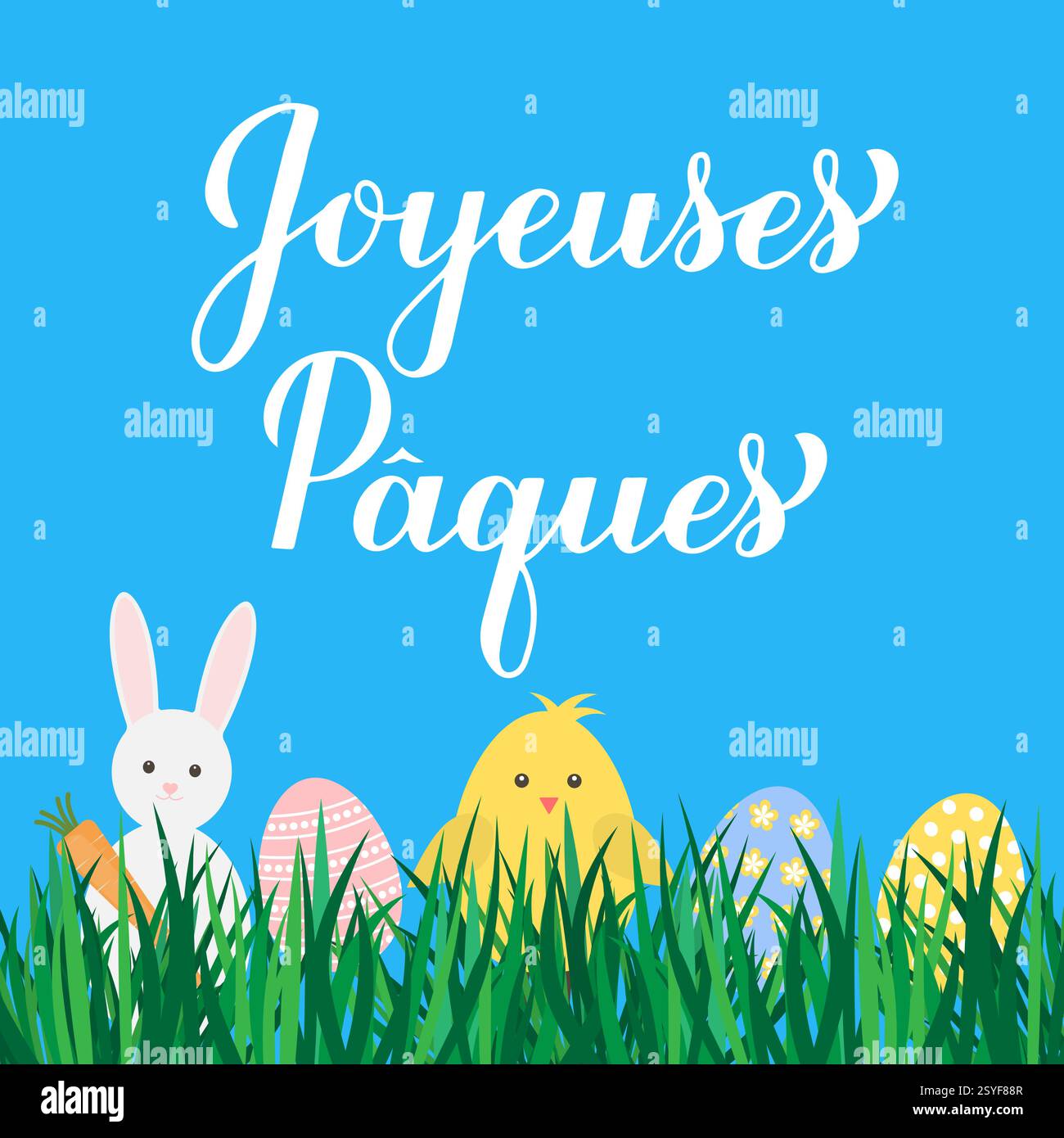 Happy Easter calligraphy lettering in French language. Eggs, bunny and ...