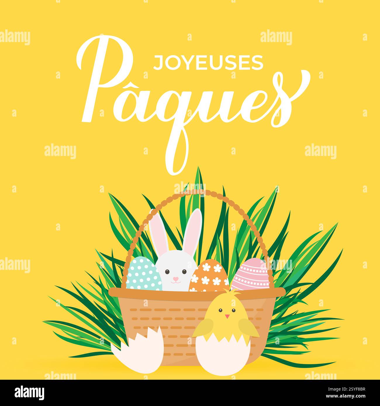 Happy Easter calligraphy lettering in French language. Basket of eggs ...