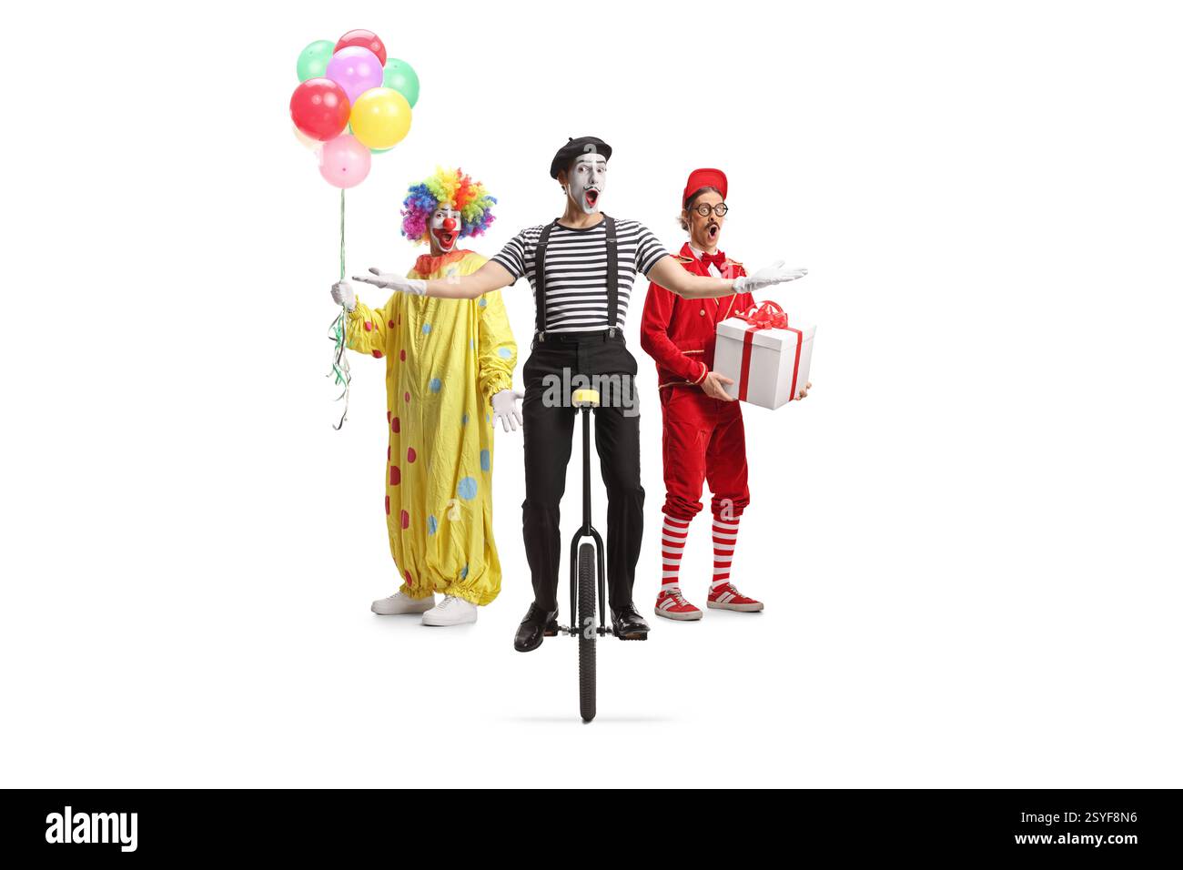 Group of circus entertainers, mime on a monocycle and clowns isolated ...