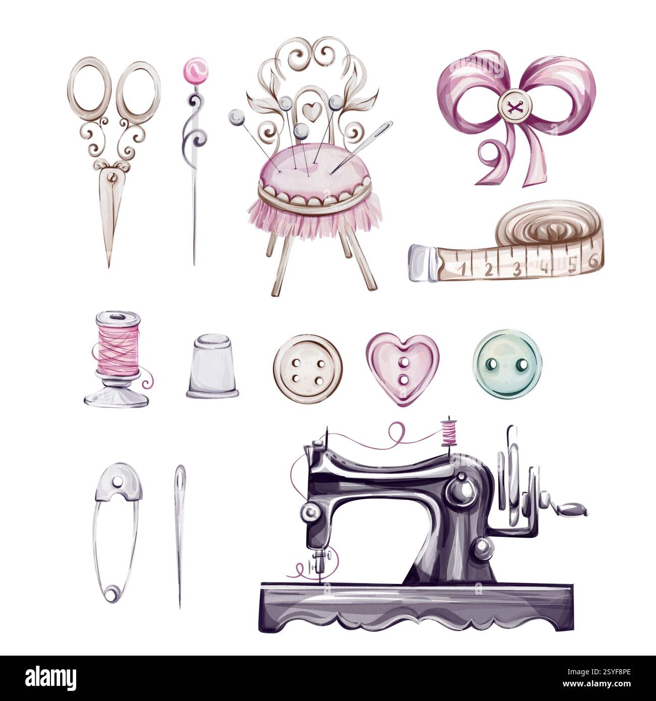 A set of sewing tools and accessories, including scissors, a sewing ...