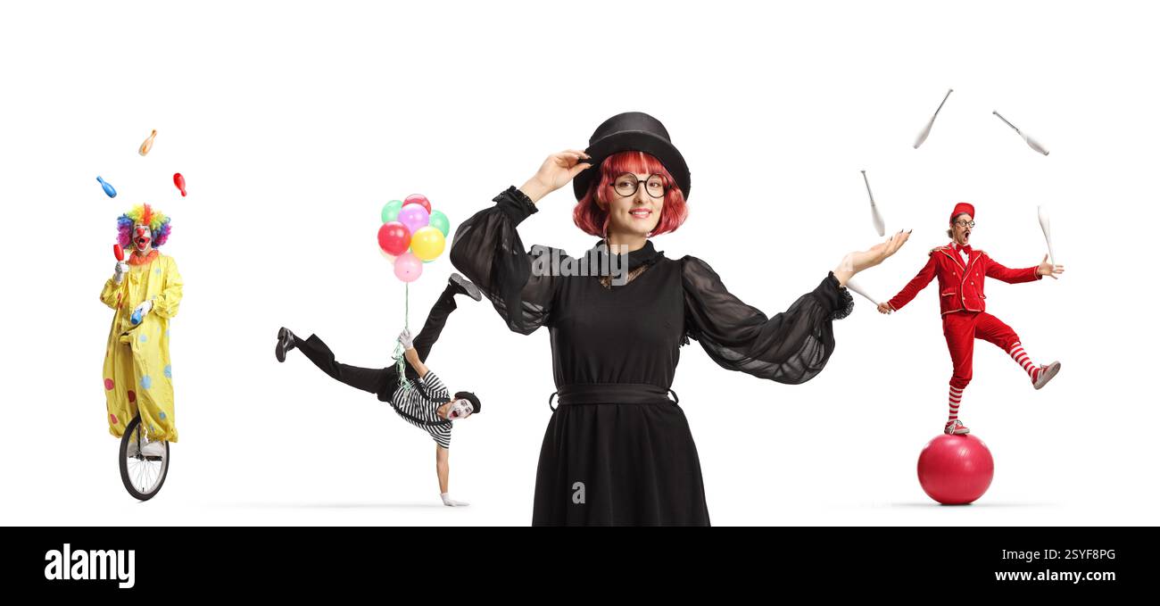 Group of circus entertainers performing isolated on white background ...