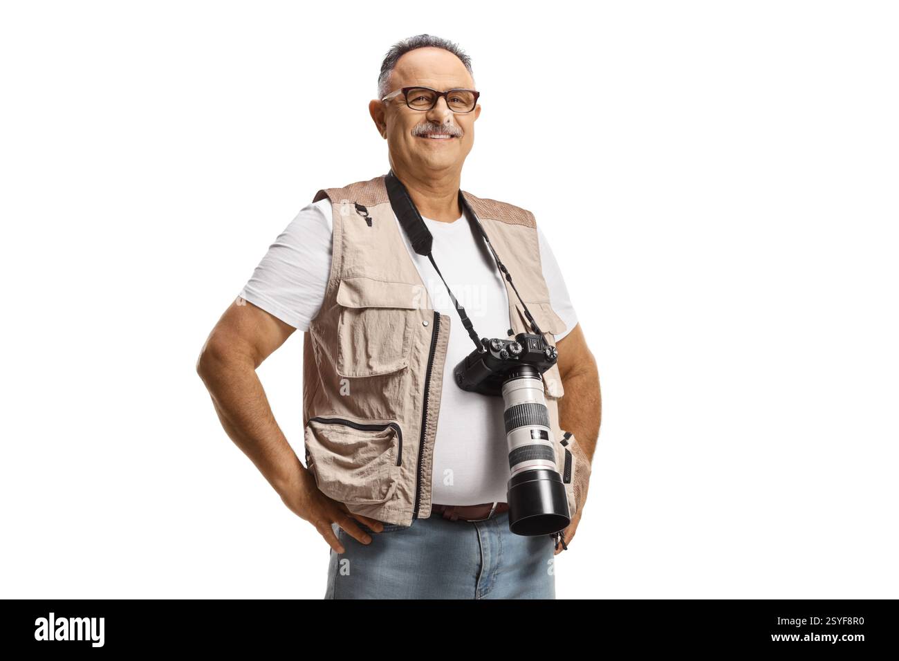 Mature male photographer with a camera on a strap around neck isolated ...