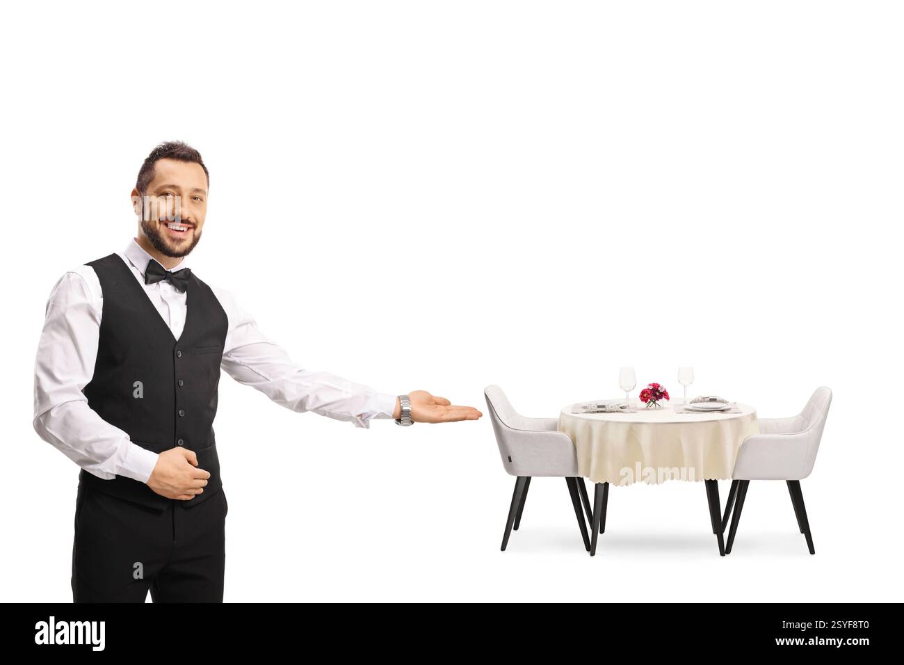 Waiter smiling and gesturing welcome into a restaurant isolated on ...