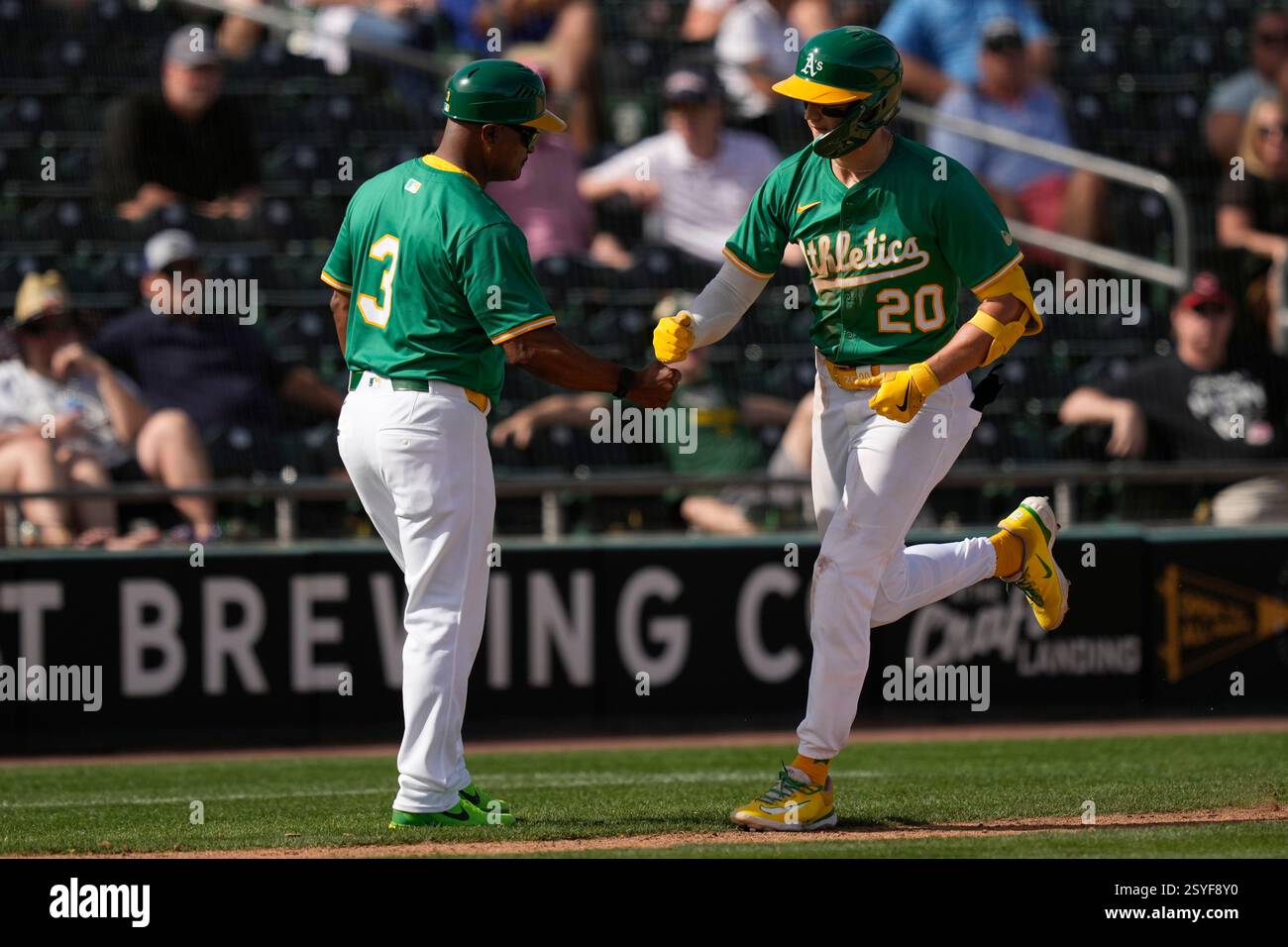 Athletics' Zack Gelof (20) celebrates after his solo home run with ...