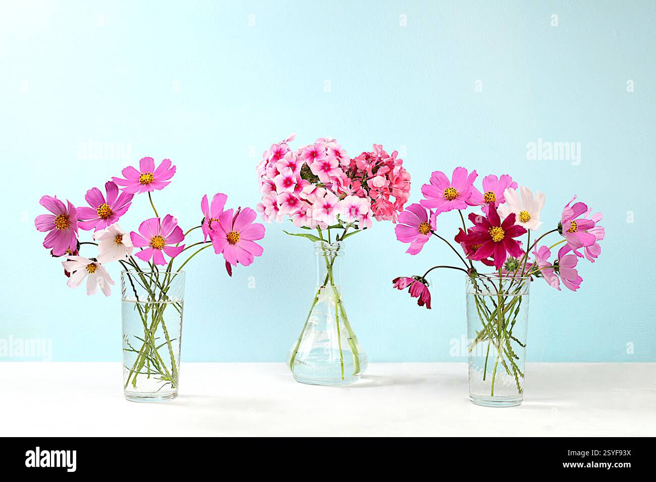 Abstract floral arrangement of fresh chamomile and phlox flowers, stage ...