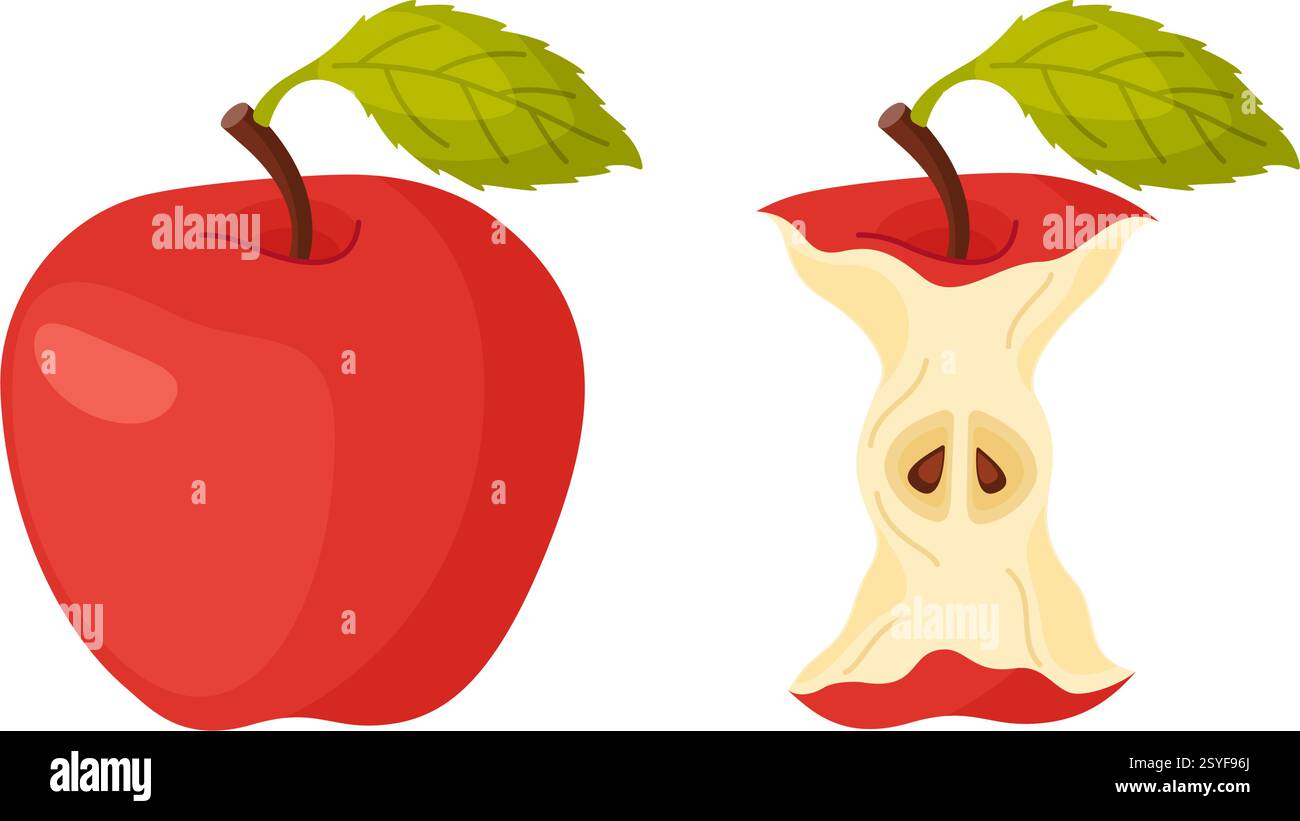 Red juicy apple eating steps icons. Stages of biting ripe apple from whole and core, bite ...