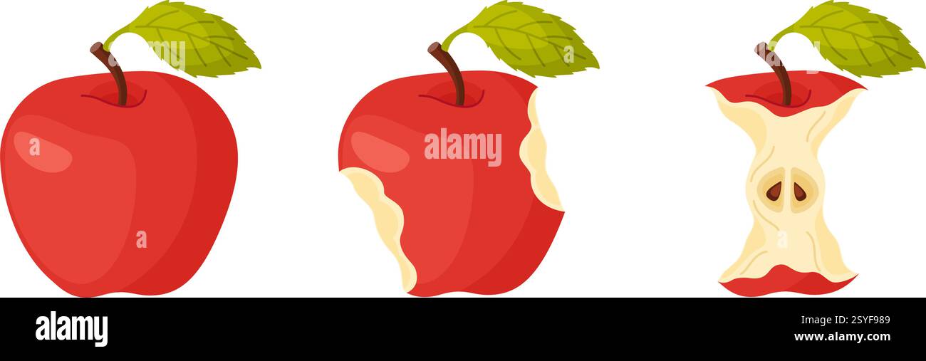 Red juicy apple eating steps icon set. Stages of biting ripe apple from ...