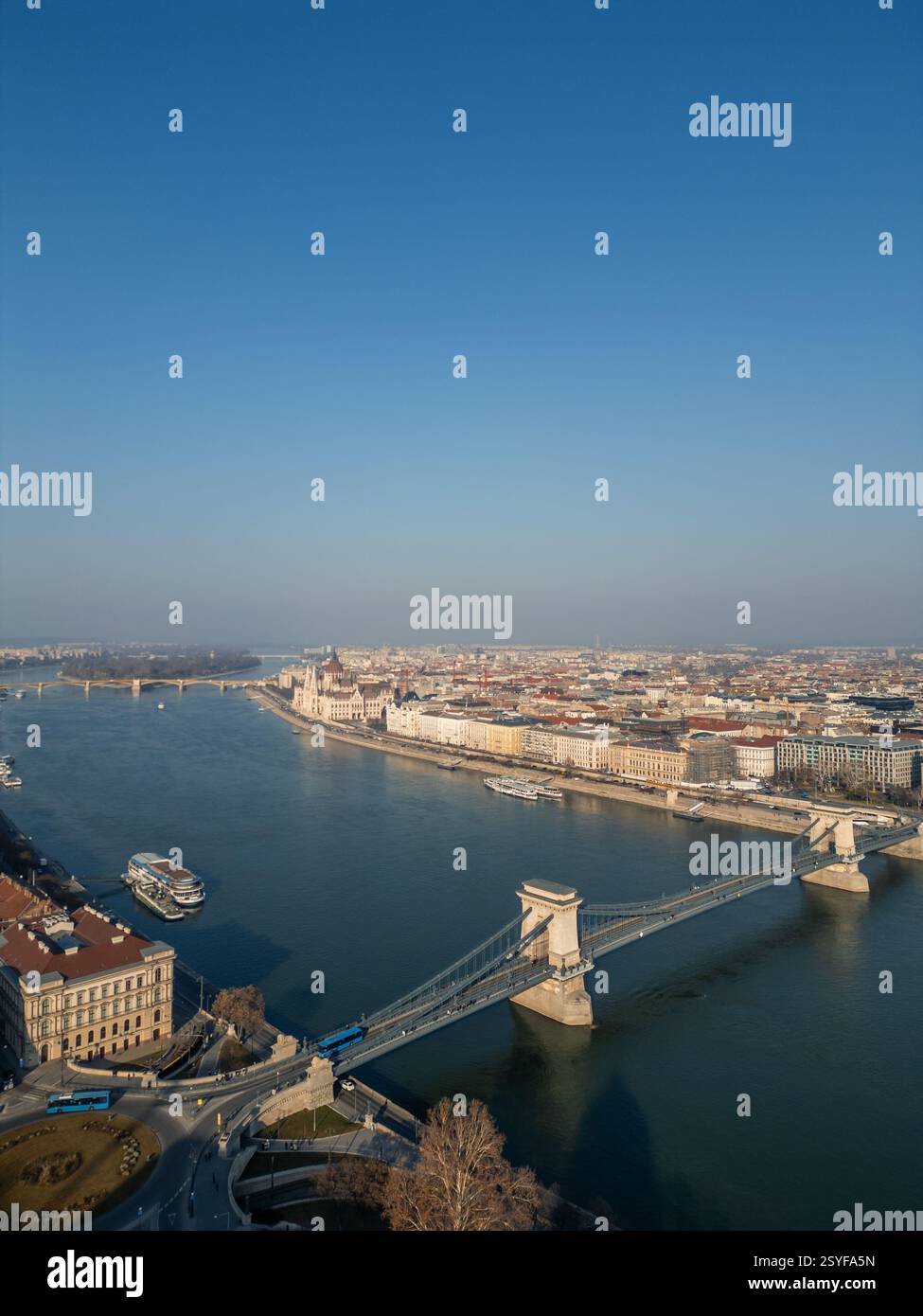 02/17/2024, Budapest. vertical Aerial view of the Chain Bridge and ...