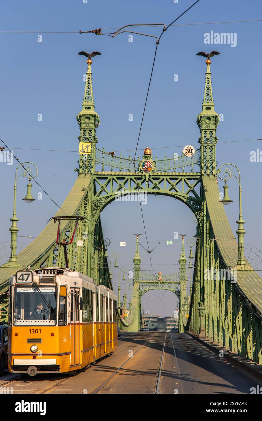 02/17/2025, Budapest. vertical Yellow tram crossing the Liberty Bridge ...