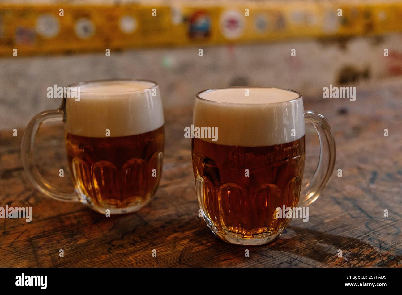 02-17-2025, Budapest. Two mugs of Dreher beer with foamy heads are ...