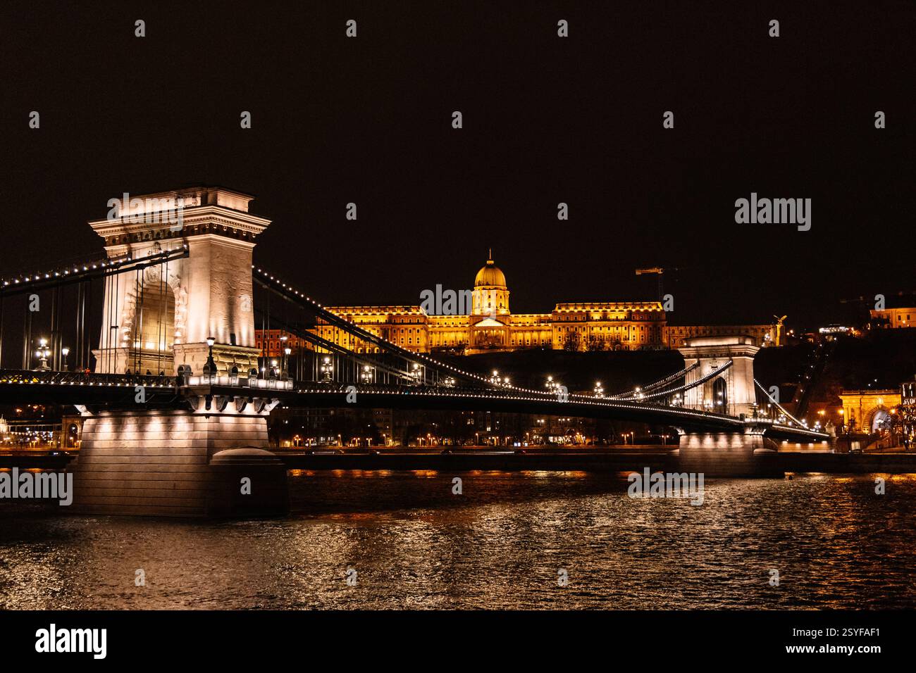 02-17-2025, Budapest. Széchenyi Chain Bridge crossing the Danube river ...