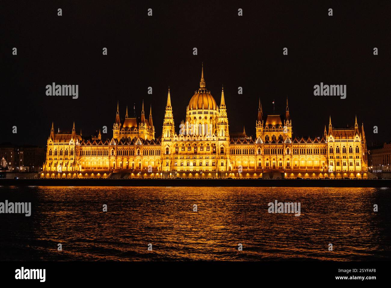 02-17-2025, Budapest. Illuminated at night, the Hungarian Parliament ...