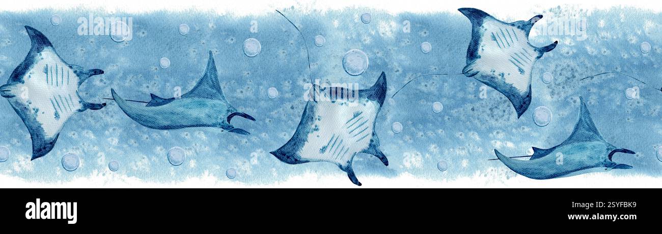 Manta ray wave watercolor seamless pattern isolated on white. High ...