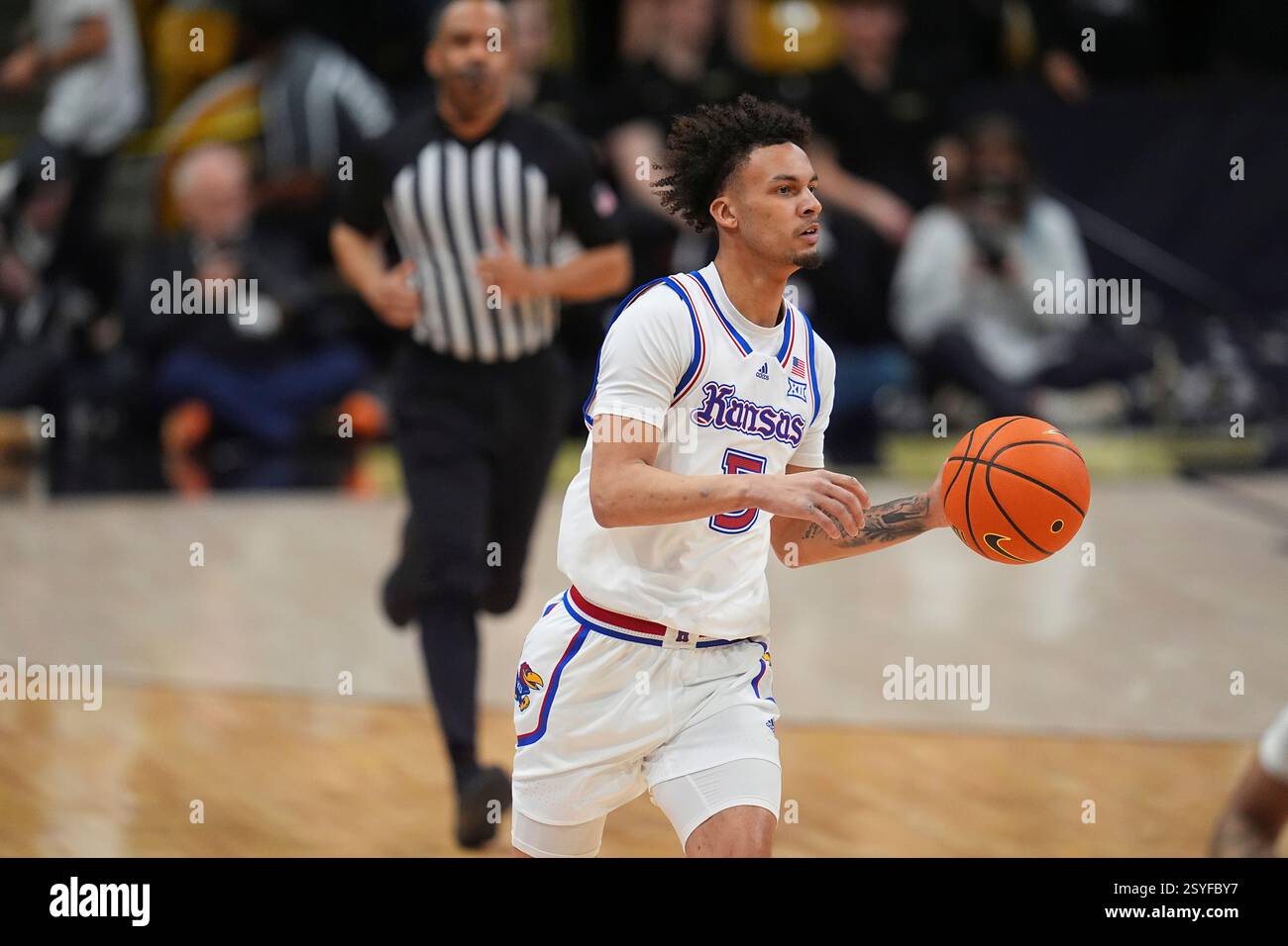 Kansas guard Zeke Mayo (5) in the first half of an NCAA college ...