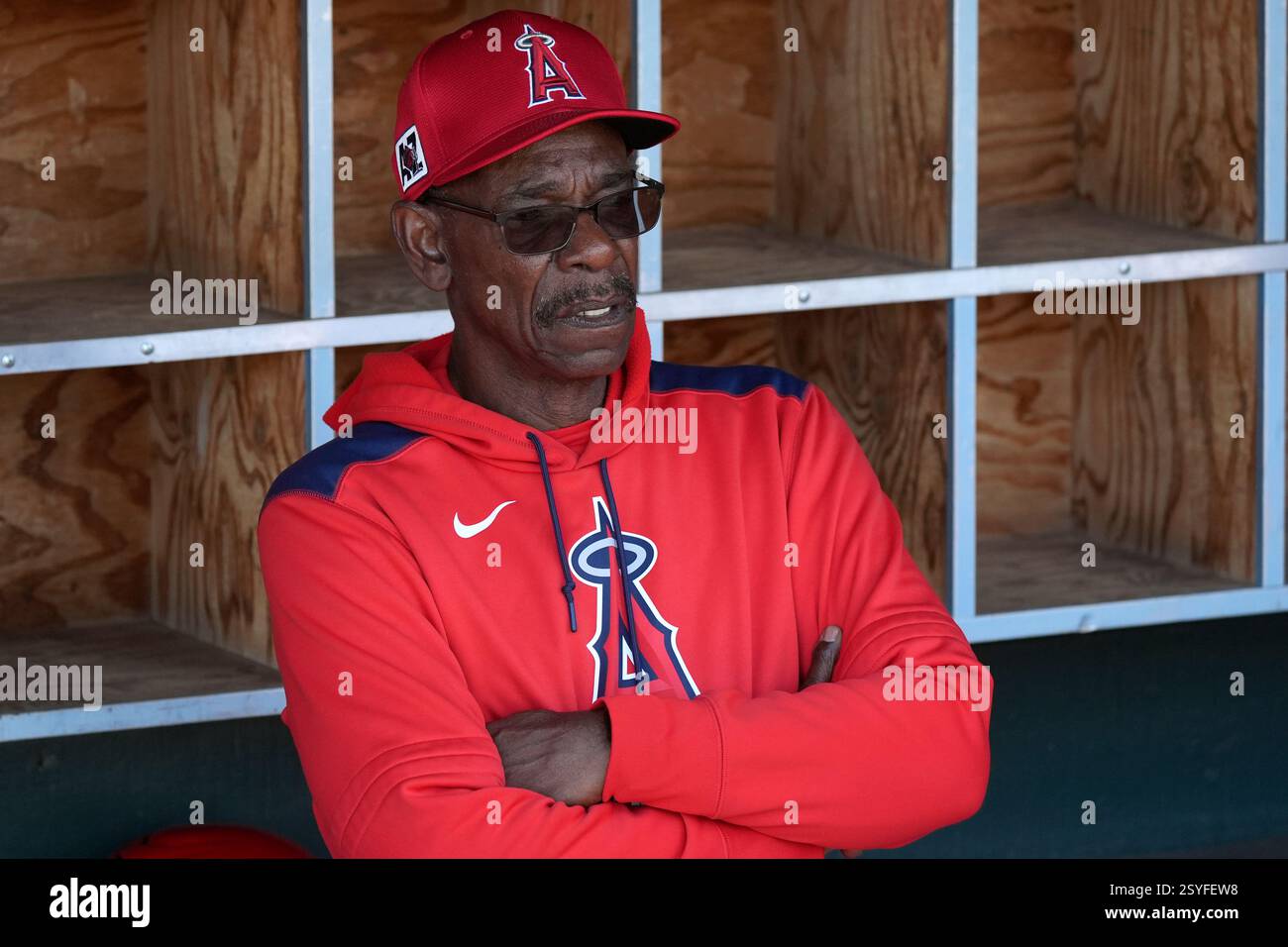 Los Angeles Angels manager Ron Washington pauses in the dugout prior to ...