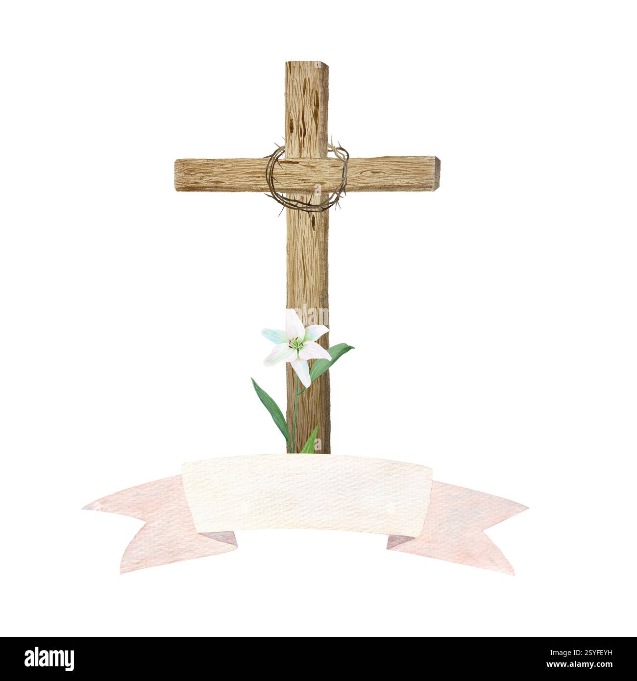 Wooden cross, crown of thorns and lily with empty banner watercolor ...