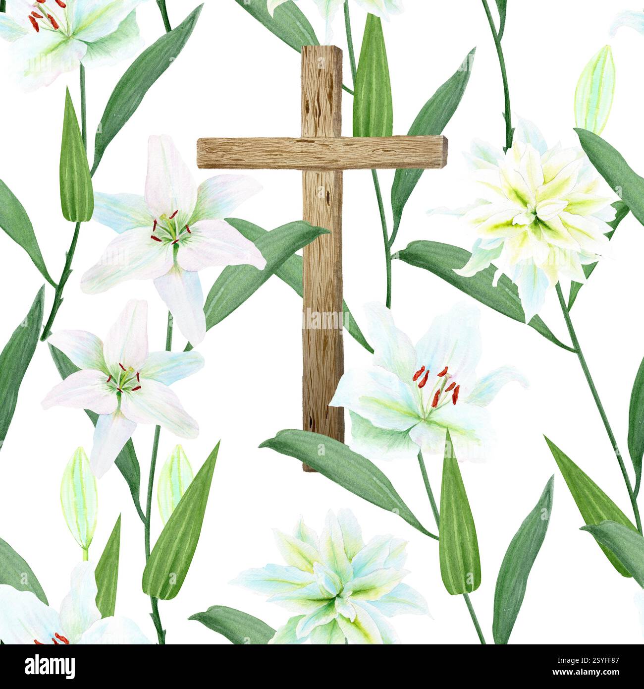 Wooden cross with crown of thorns and white lily watercolor composition isolated on white ...