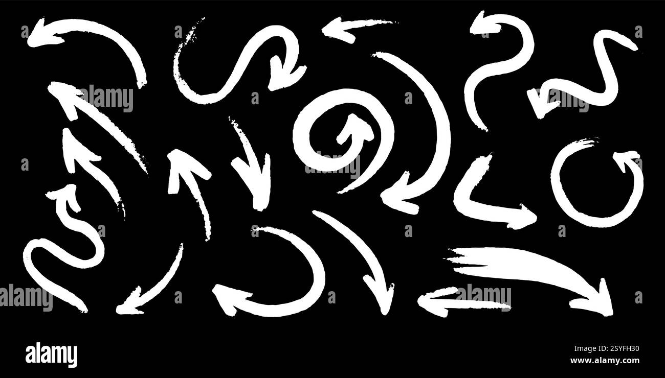 Collection of different arrows drawn by hand with brushes. Grunge or ...