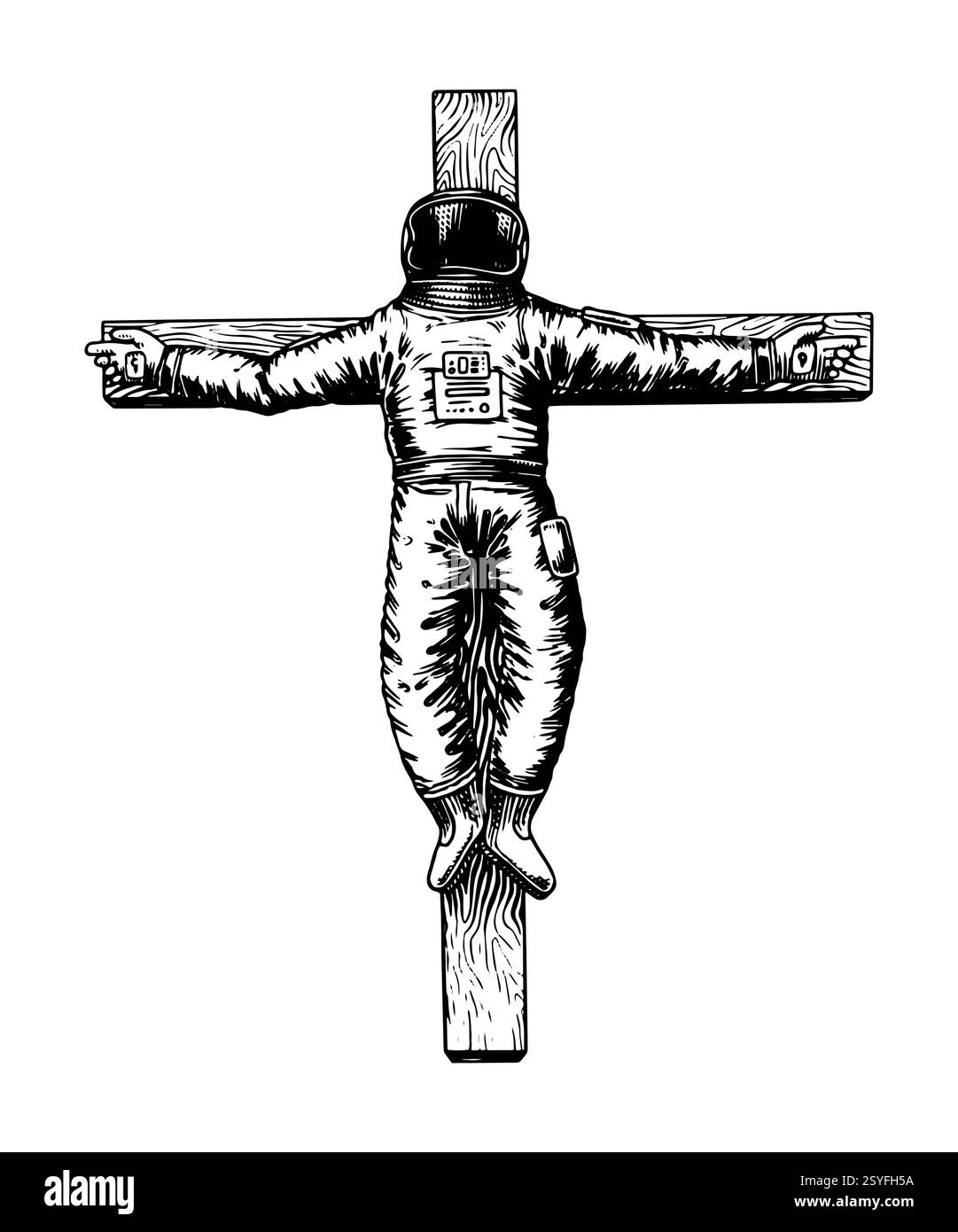 Spaceman on the cross allegory in vintage engraved style. drawing of an ...