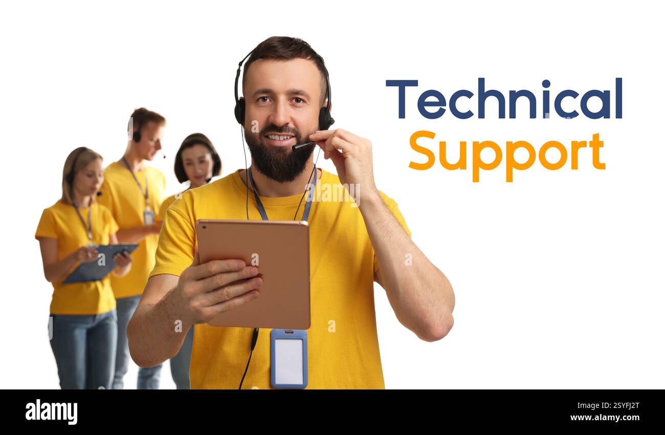 Technical support. Operators on white background, banner design Stock ...