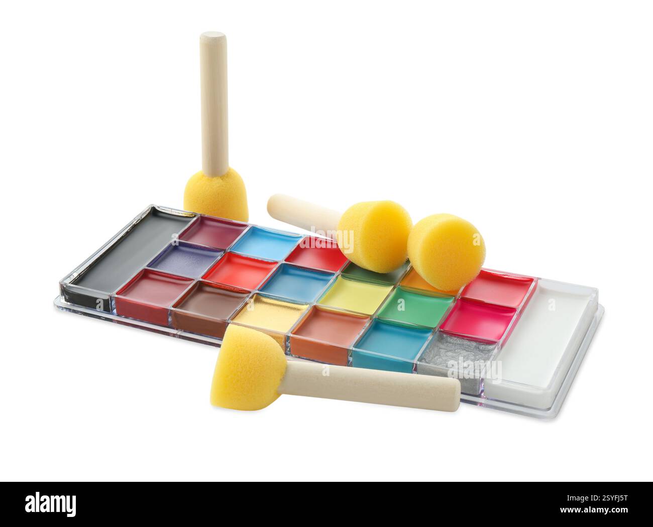 Bright face paint palette and sponges isolated on white Stock Photo - Alamy