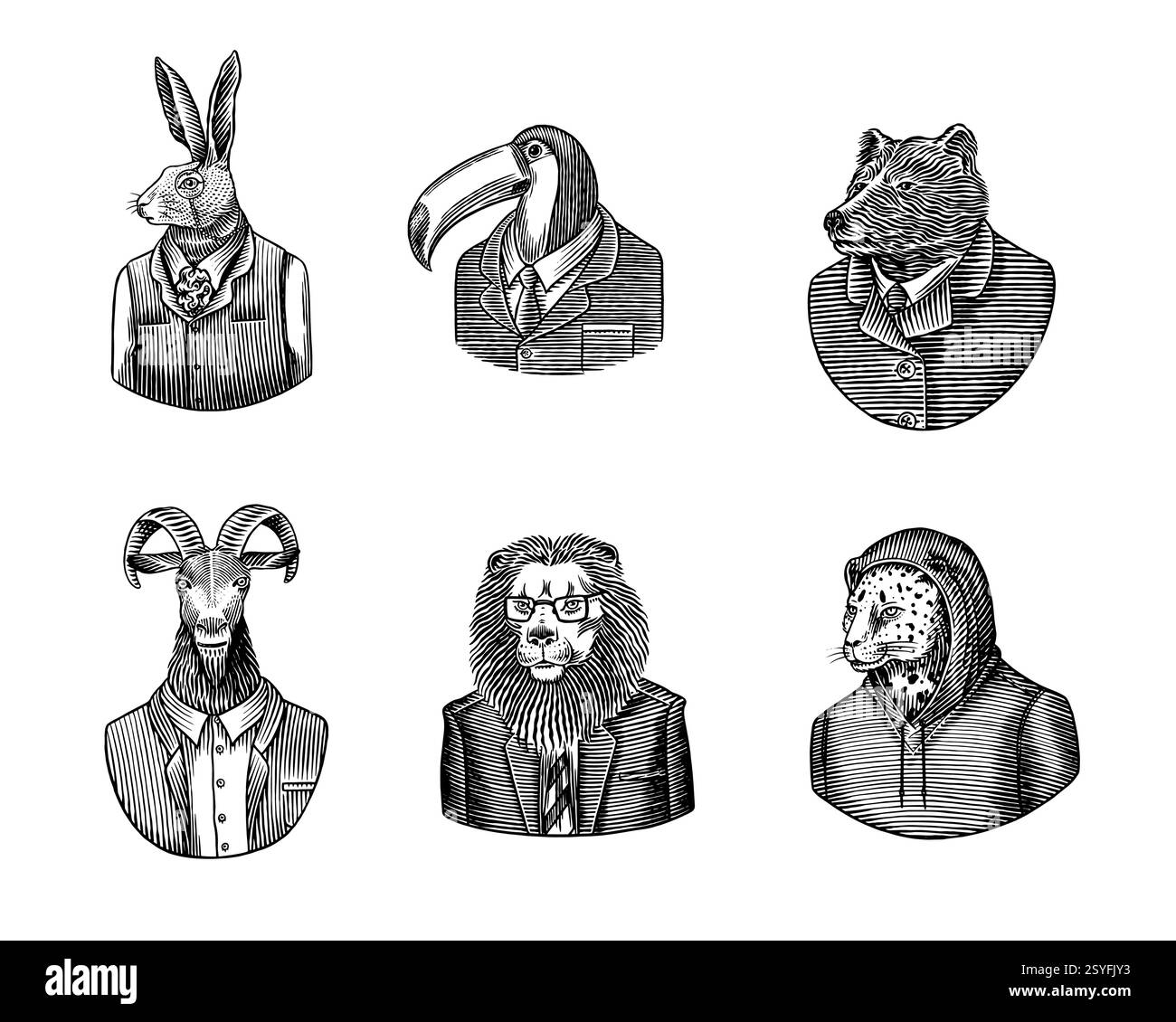 6 different animals and birds in humans clothes and suits. Lion, tuscan ...