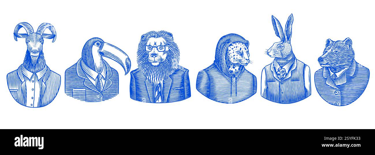6 different animals and birds in humans clothes and suits. Lion, tuscan ...