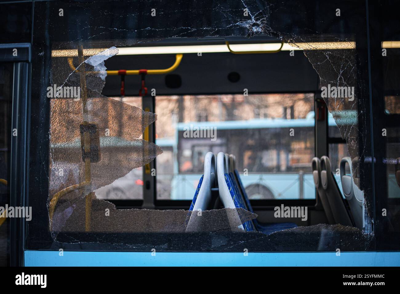 One of two buses damaged in an accident. A passenger bus crashed into a ...