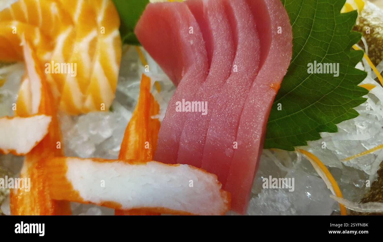 Japanese food delicacy consisting sashimi salmon of very fresh raw ...