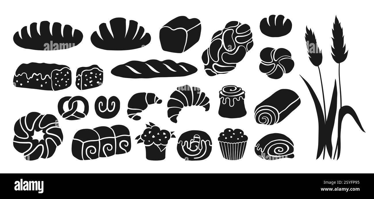 Bread and pastry bakery products simple symbol set. Various loaf bun ...