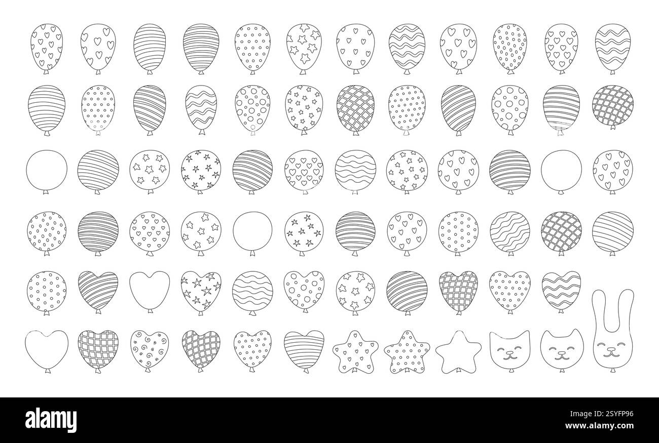 Patterned Balloons doodle set illustration. Linear various shaped and ...