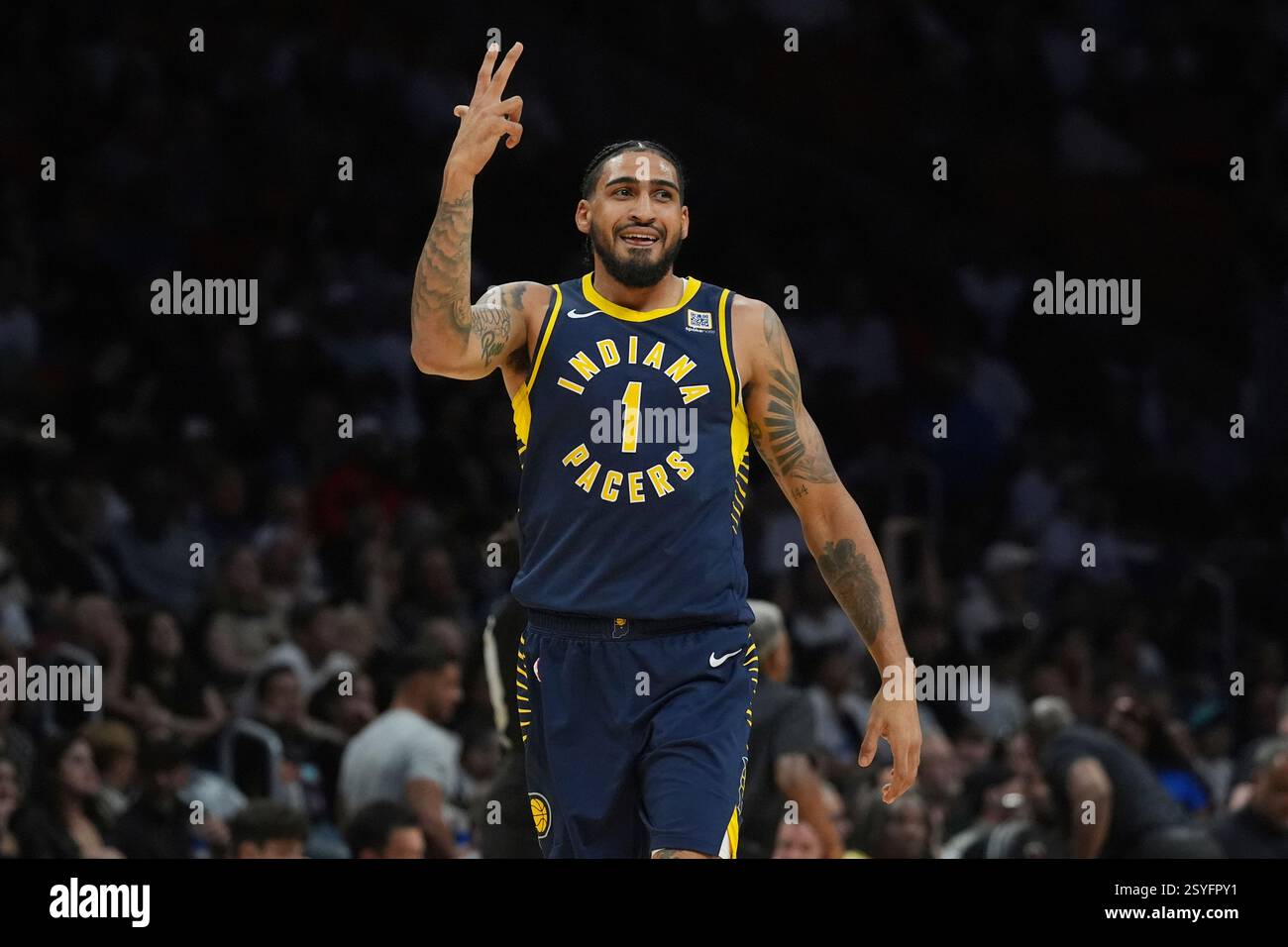 Indiana Pacers forward Obi Toppin (1) gestures after scoring a three ...