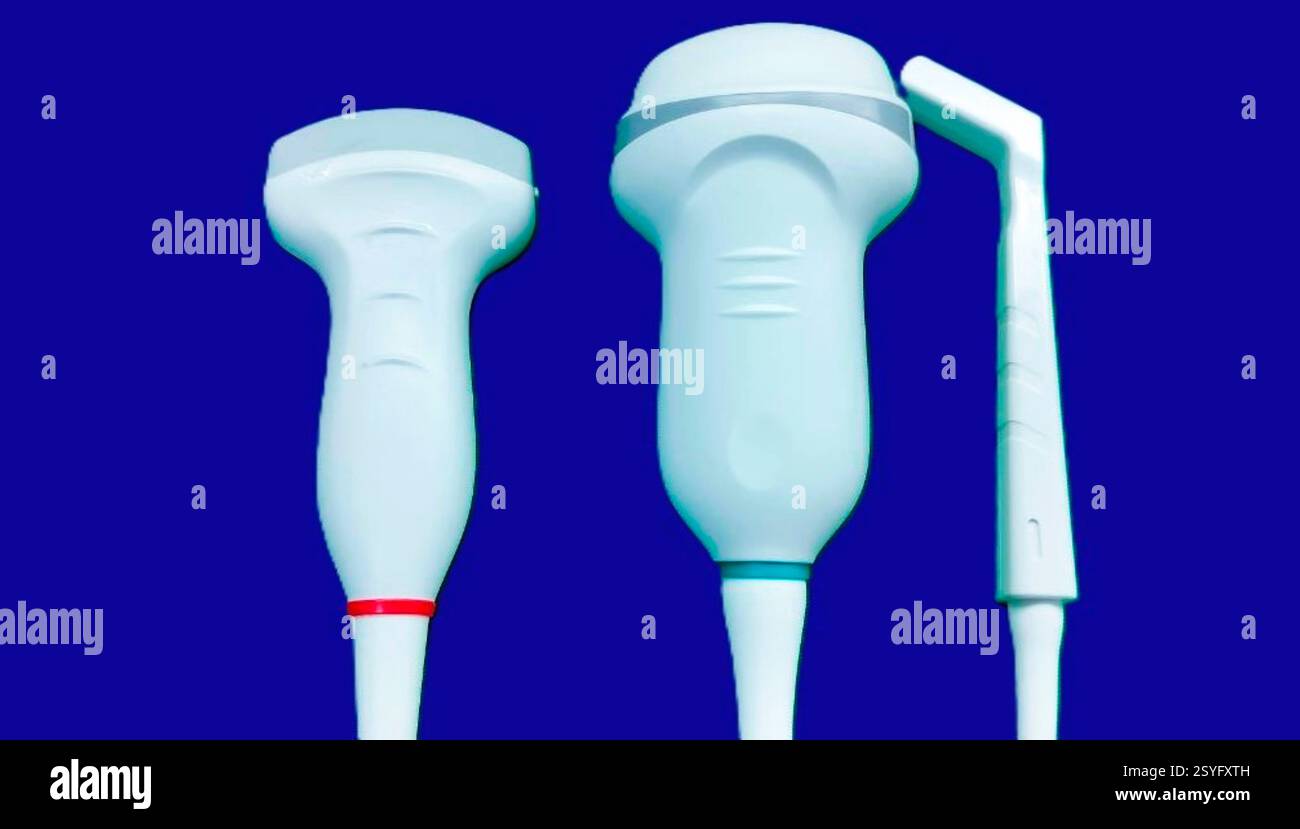 Ultrasound probes. At left is a curvilinear, or convex, probe, which is ...