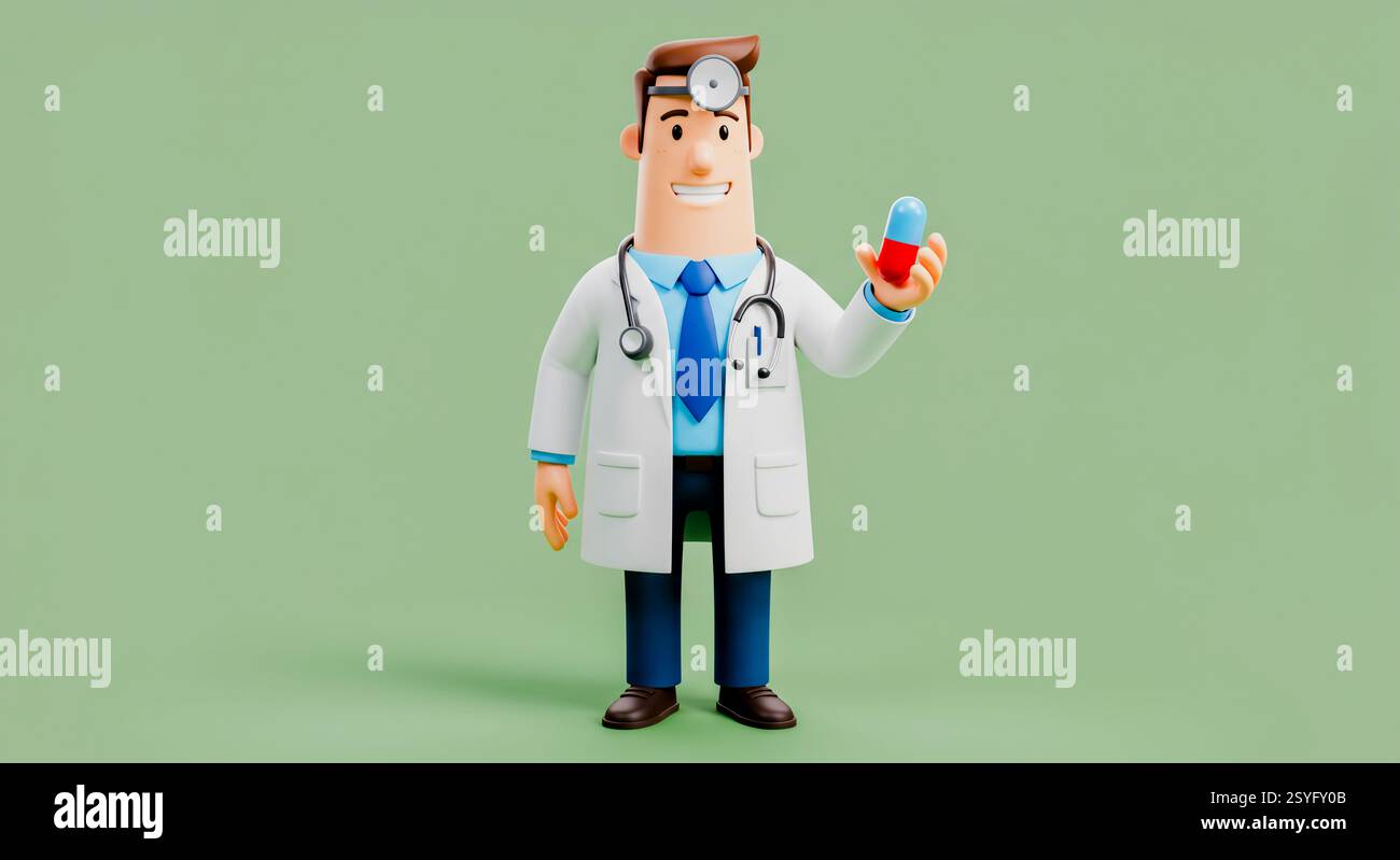 3D Cartoon Doctor Character Smiling and Holding a Pill. Symbolizing ...