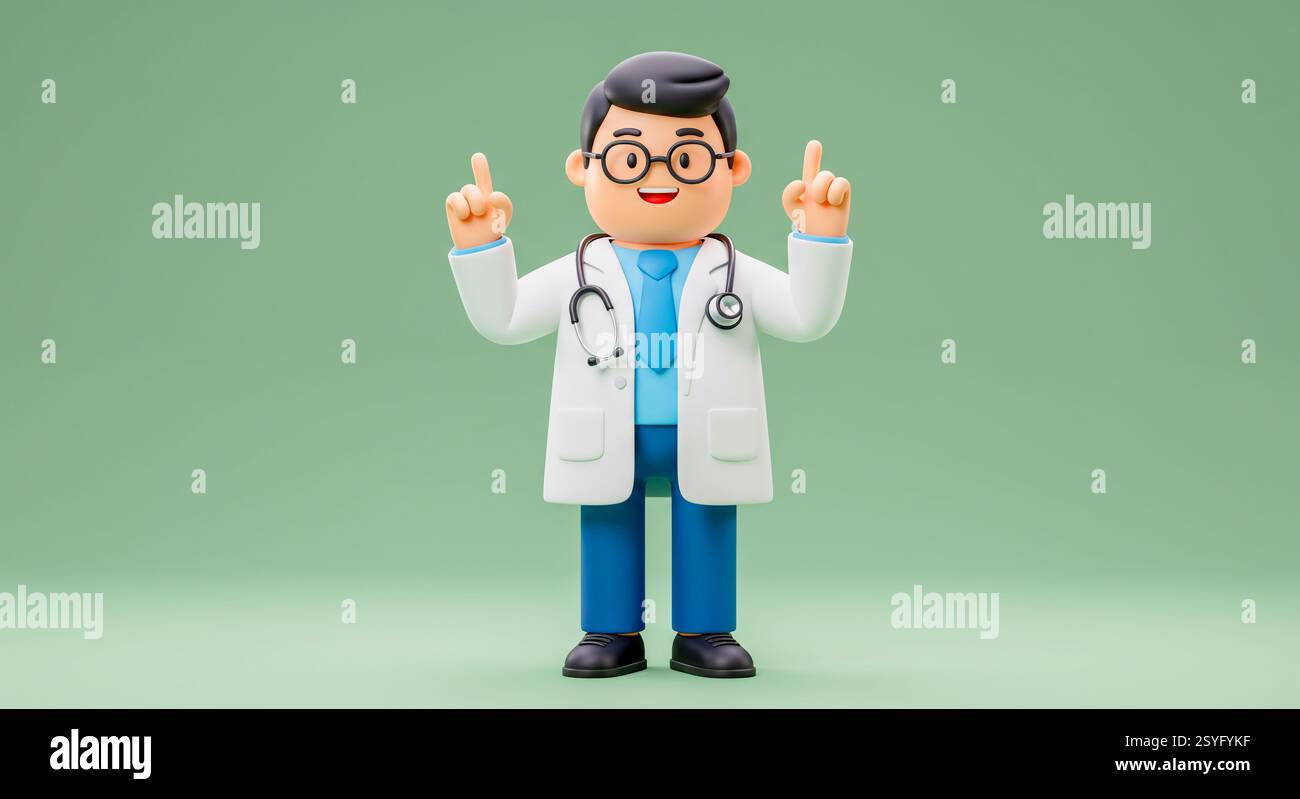 Animated 3D Cartoon Doctor Character Smiling and Pointing Up,3D avatar ...