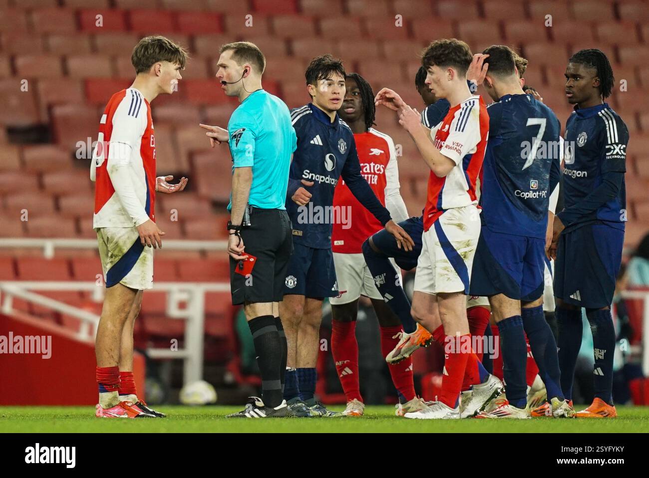 London, UK. 28th Feb, 2025. Will Sweet of Arsenal being shown a red ...
