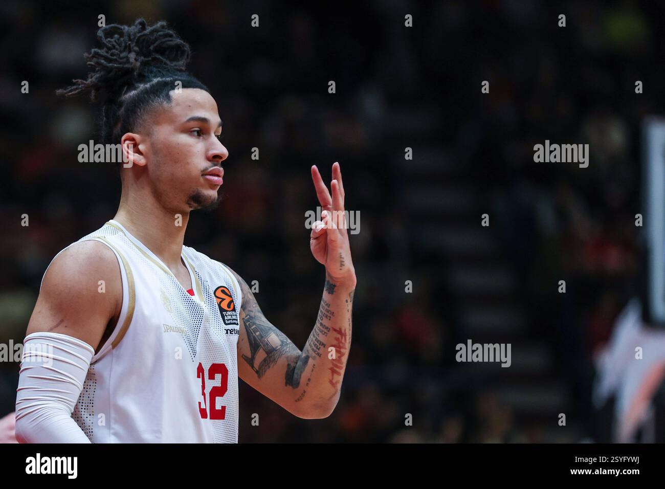 Matthew Strazel #32 of AS Monaco gestures during Turkish Airlines ...