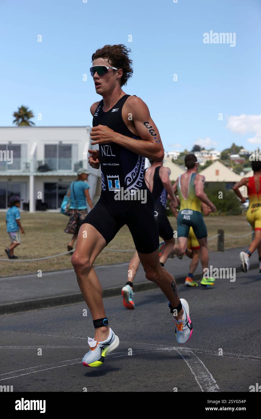Sam Parry, of New Zealand, at the 2025 World Triathlon Cup Napier, on ...