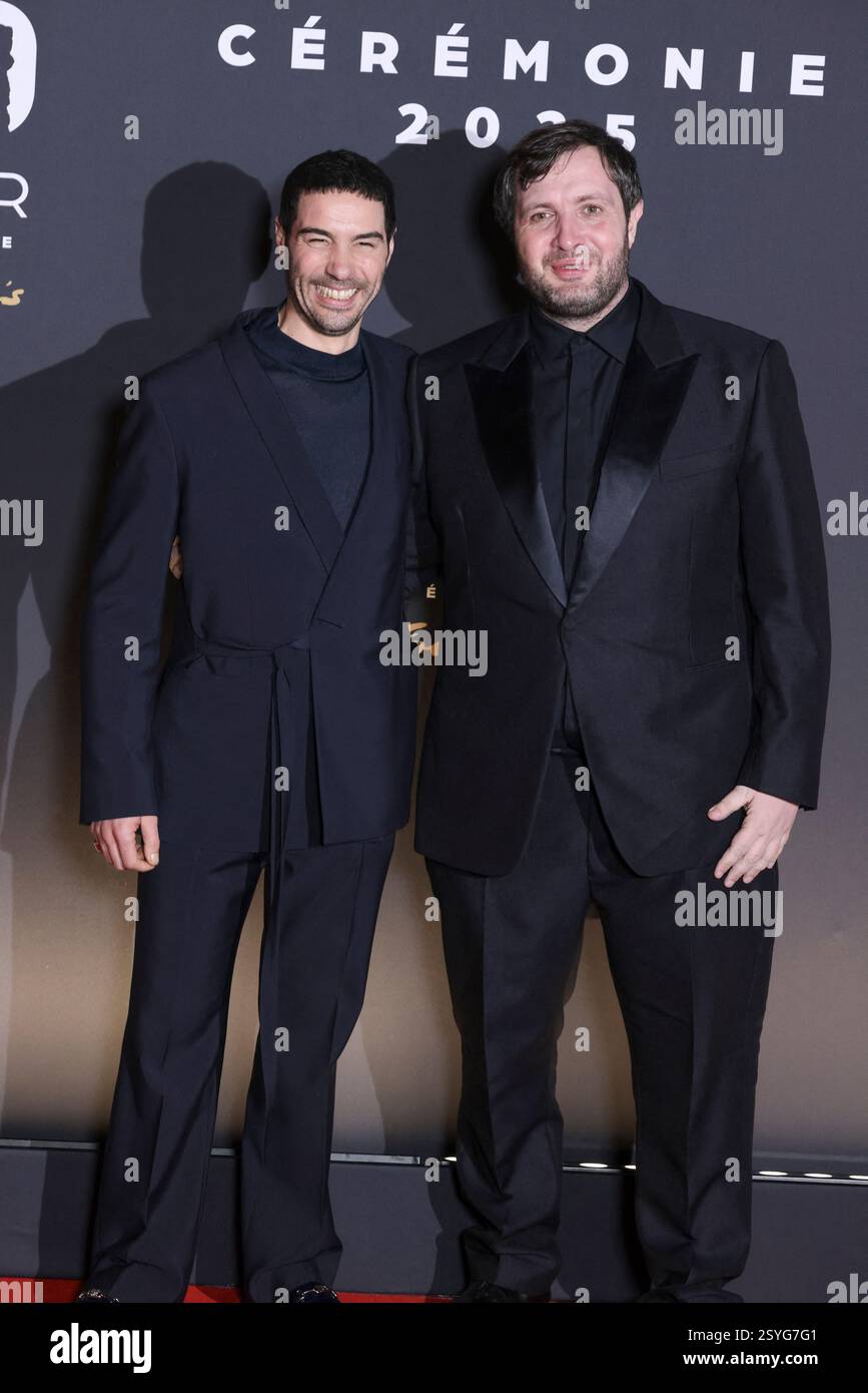 Tahar Rahim and Karim Leklou posing upon arrival at the Gala Dinner ...