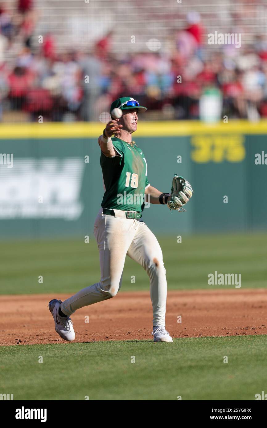 February 28, 2025: Charlotte infielder Dawson Bryce (18) makes a throw ...