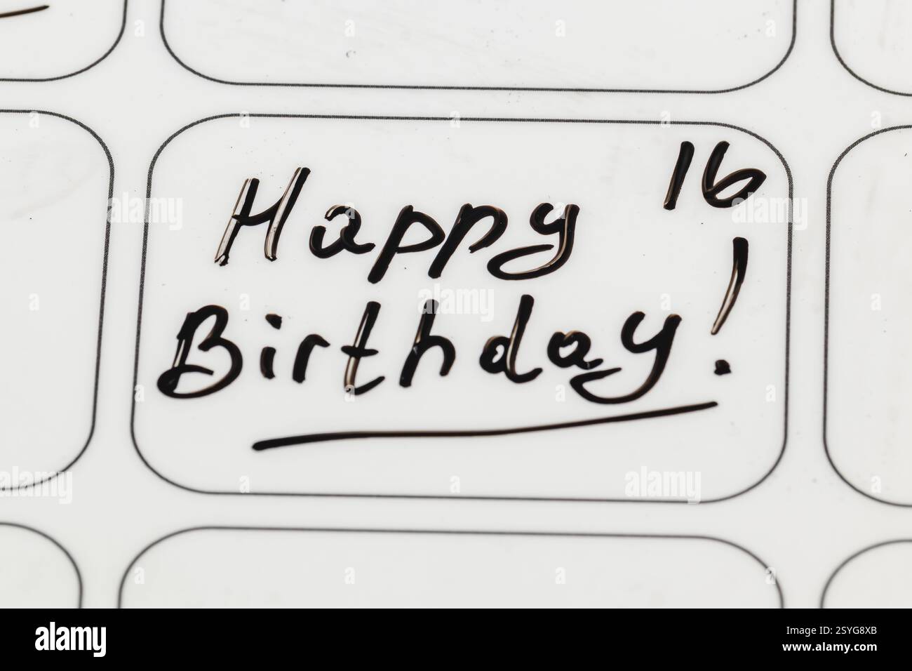 A handwritten message expresses joy for a 16th birthday, featuring the words Happy Birthday! in ...