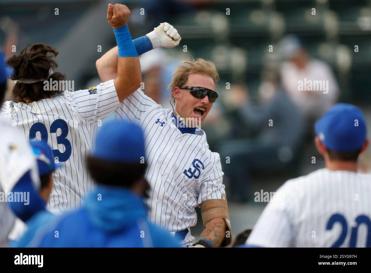San Jose State Jake McCoy (16) celebrates with teammates after hitting ...