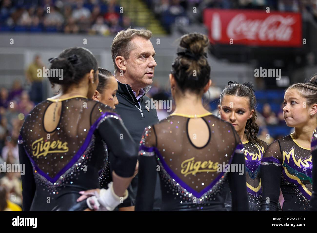 February 28, 2025: LSU Head Coach Jay Clark speaks to his girls right ...